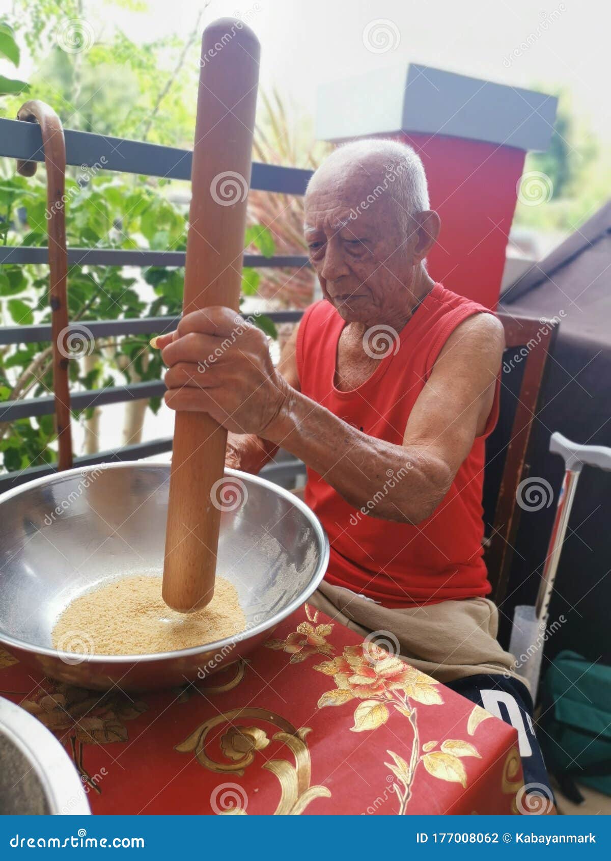 Asian Old Man Making Local Street Snacks Pop Corns Using Traditional ...