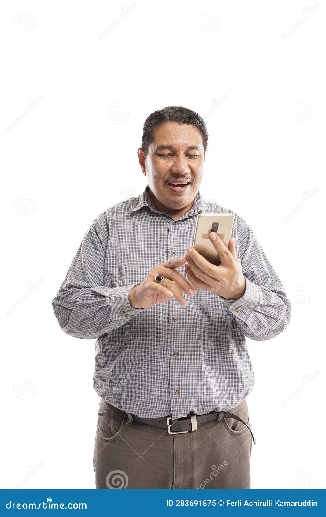 Old Asian Man Using Handphone with Happy Face in White Background Stock ...