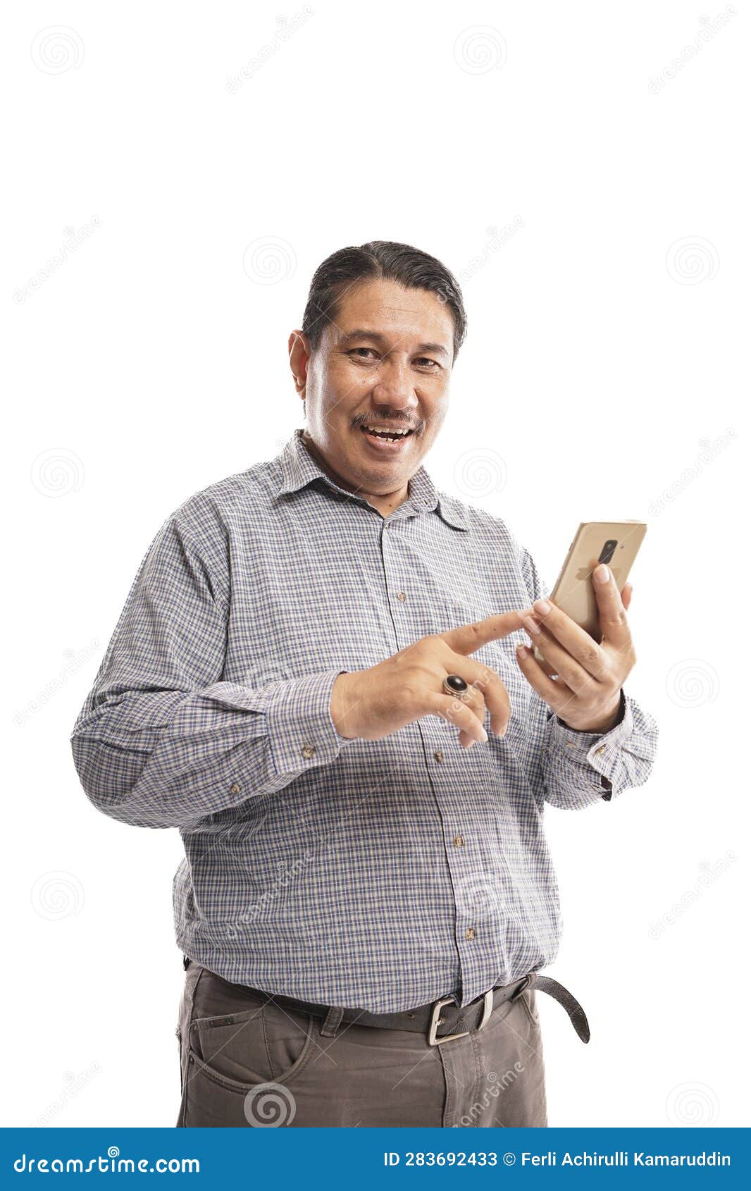 Old Asian Man Using Handphone with Smiling Face in White Background ...