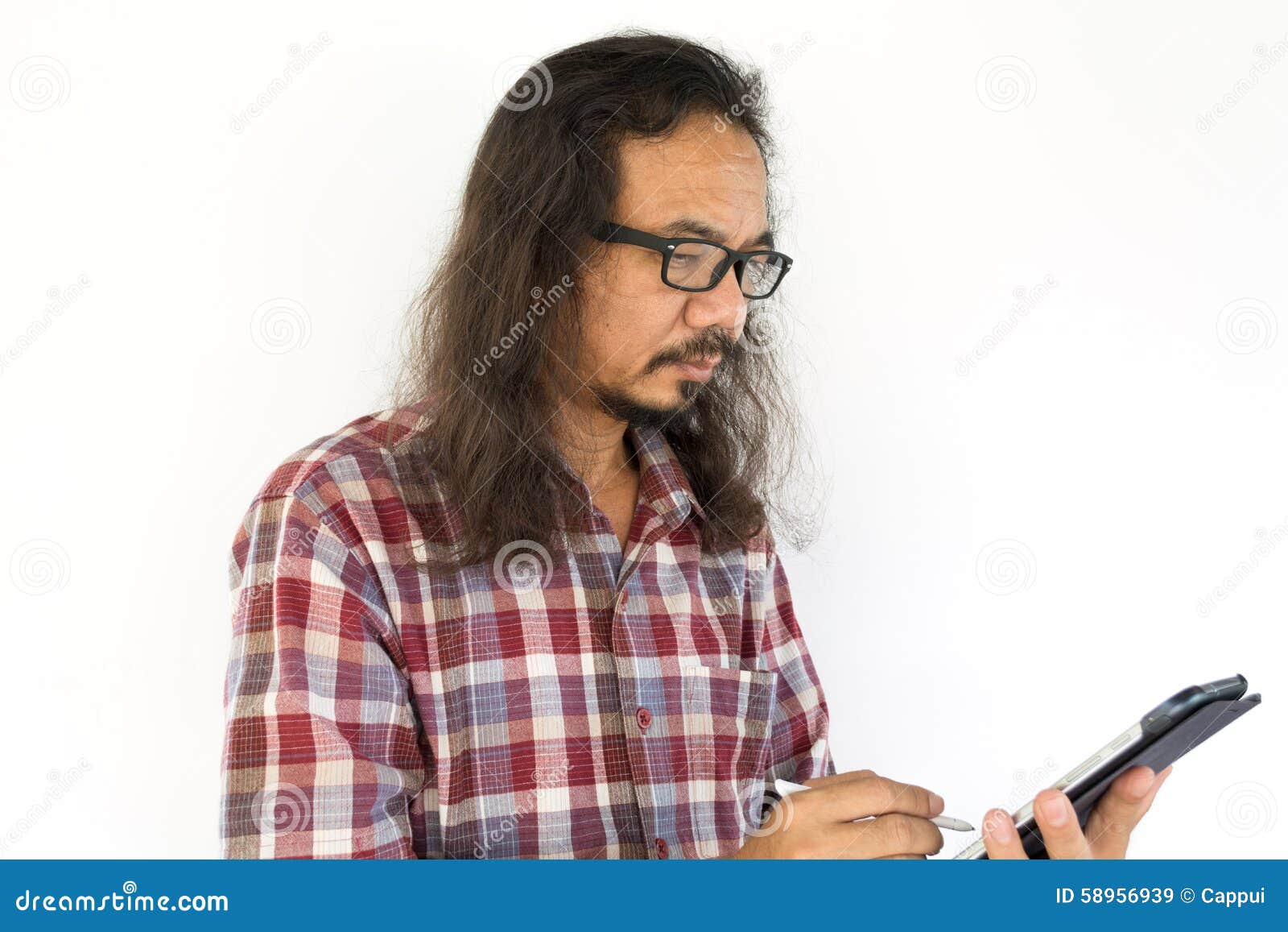 Old Asian Man Using Tablet-pc on White Background Stock Image - Image ...