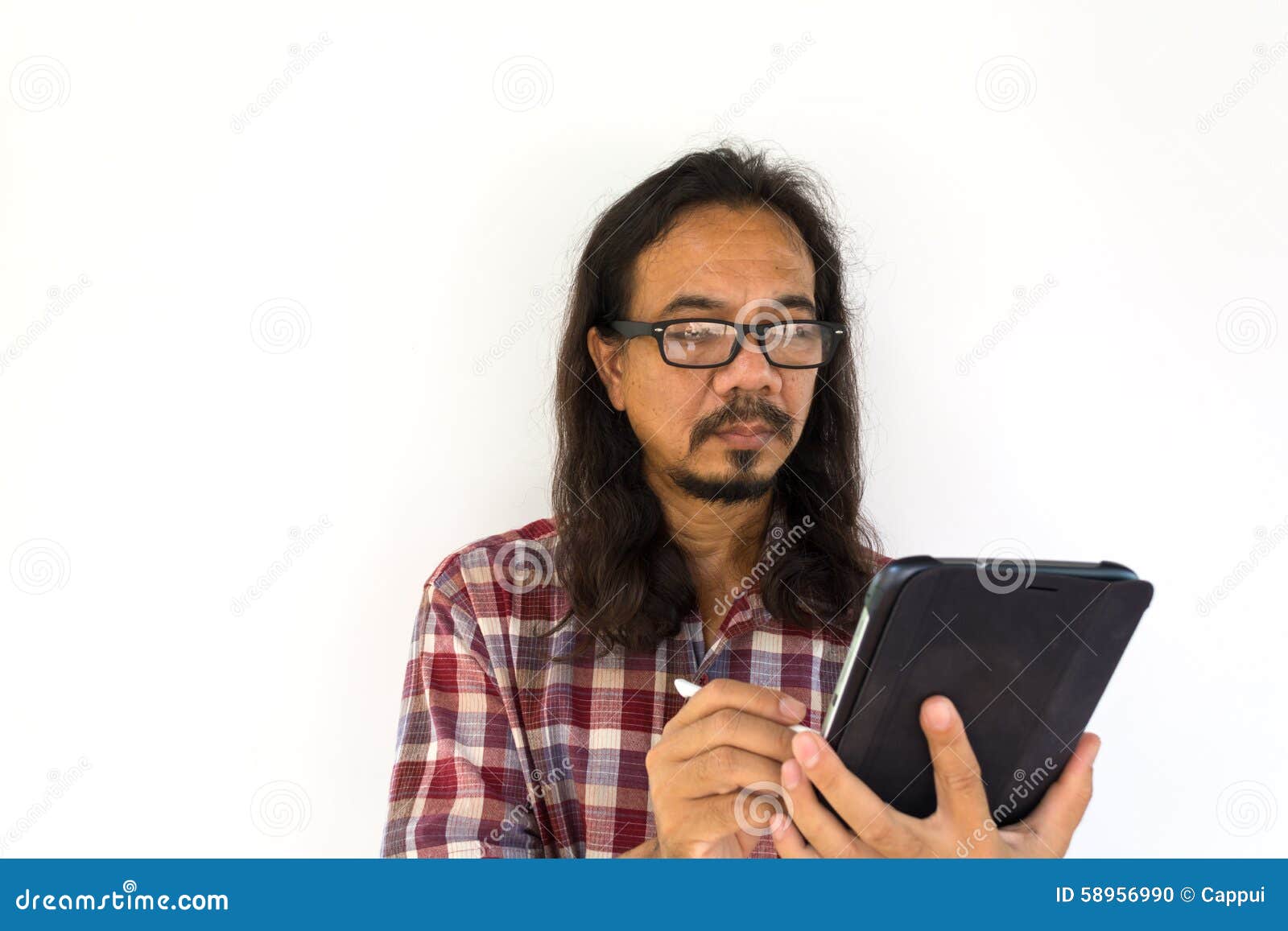 Old Asian Man Using Tablet-pc on White Background Stock Photo - Image ...