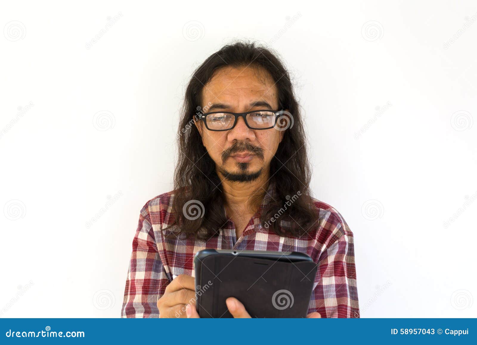 Old Asian Man Using Tablet-pc on White Background Stock Image - Image ...