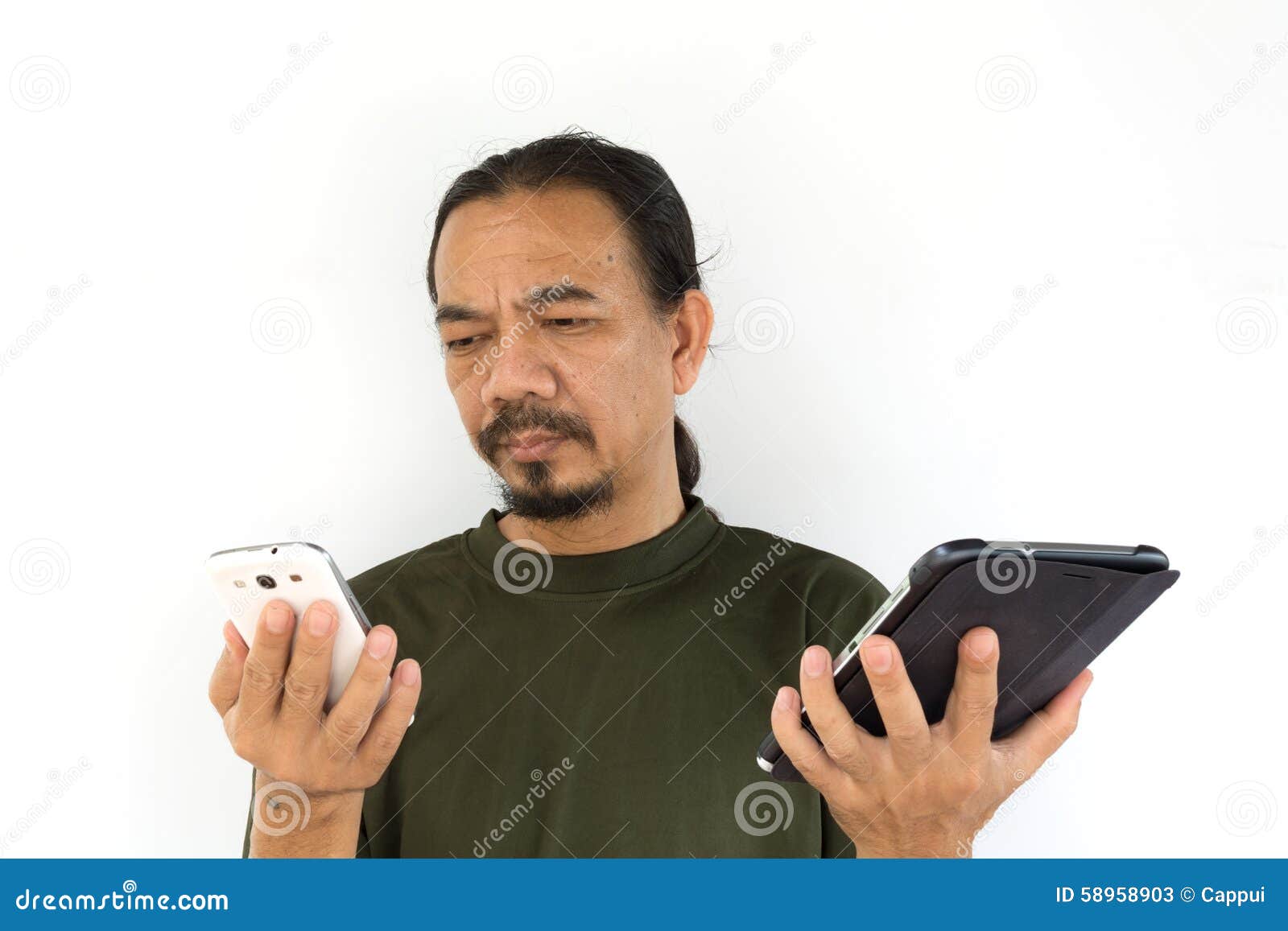 Old Asian Man Using Tablet-pc on White Background Stock Image - Image ...