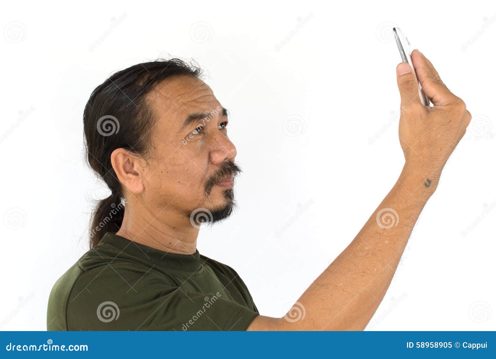 Old Asian Man Using Tablet-pc on White Background Stock Image - Image ...