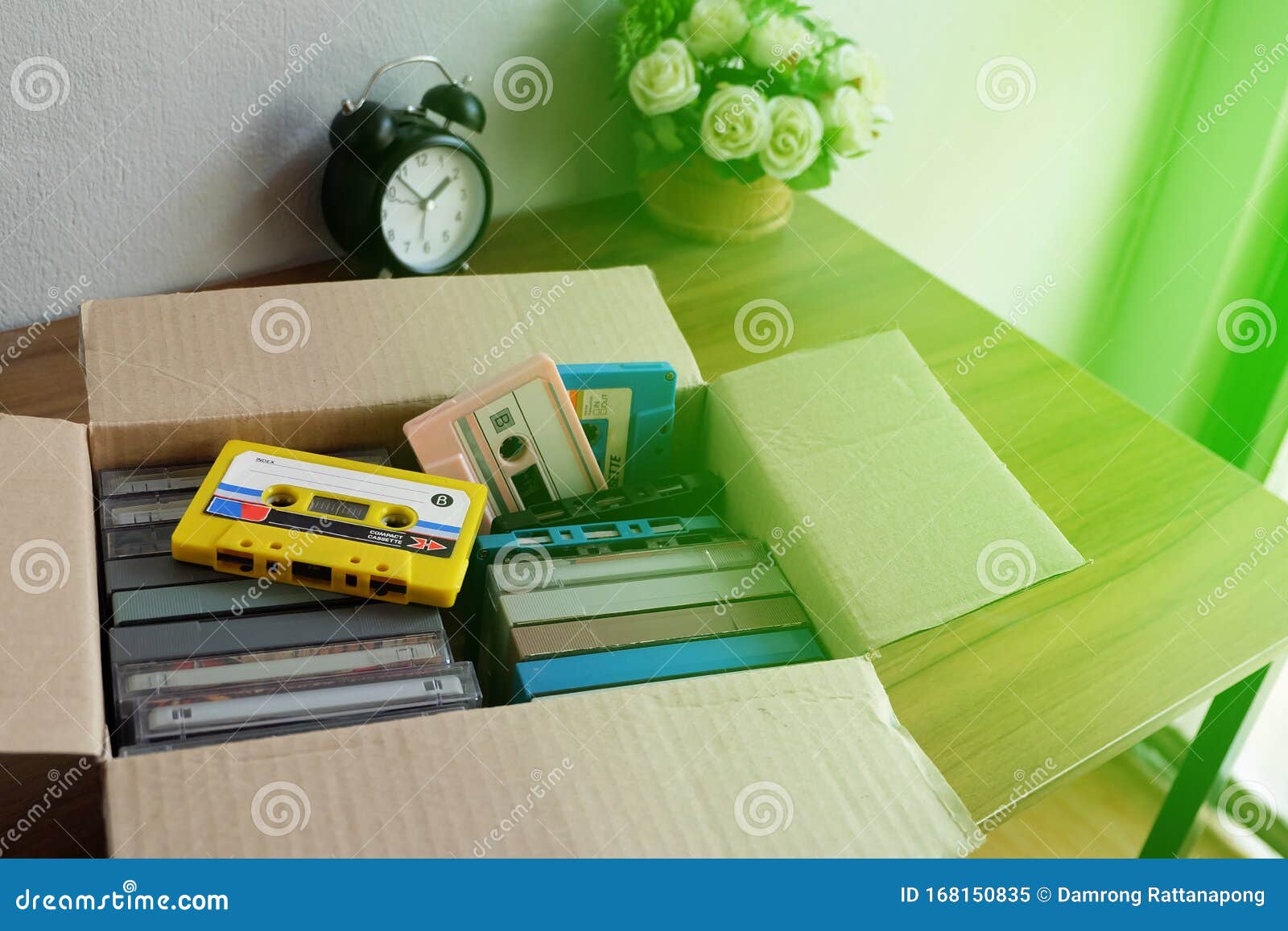 Old Audio Cassette Tape in the Old Paper Box on the Desk Stock Image ...