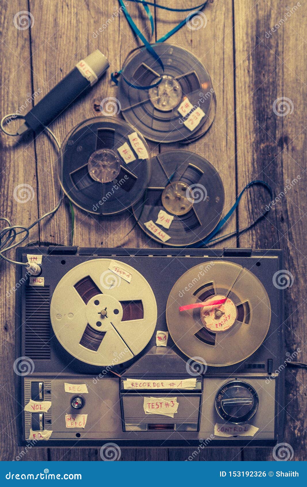 Old Audio Reel Recorder with Roll of Tape and Microphone Stock Photo ...
