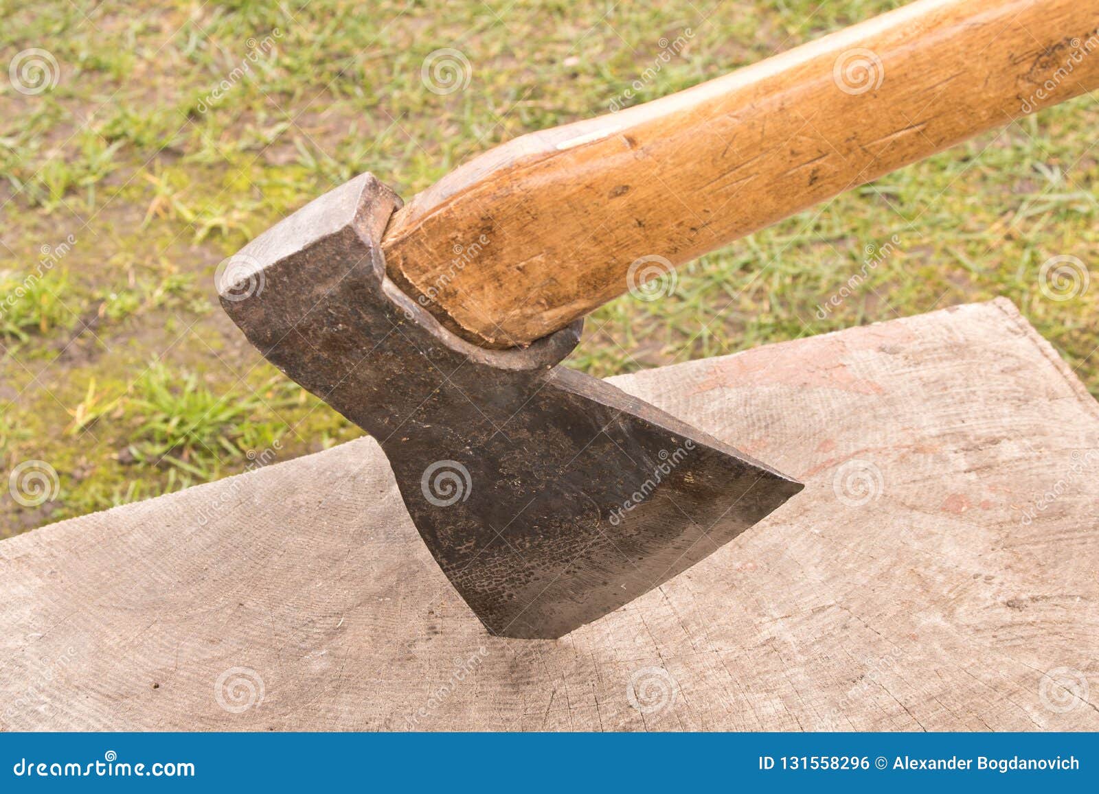 An Old Axe in an Oak Log. Close Up Stock Photo - Image of steel ...