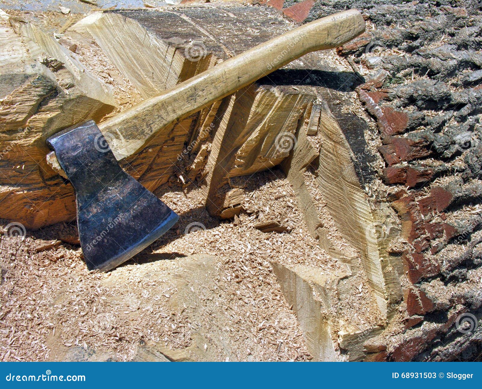 An old axe on the oak log stock image. Image of rural - 68931503