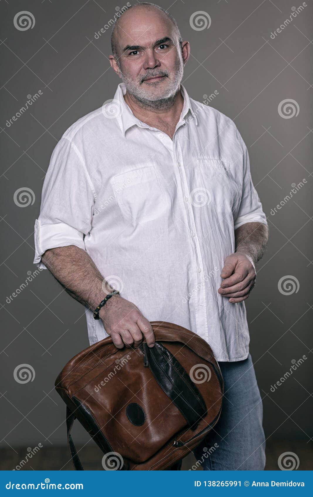 Old Bald Gray-haired Smiling Man with a Backpack Stock Image - Image of ...