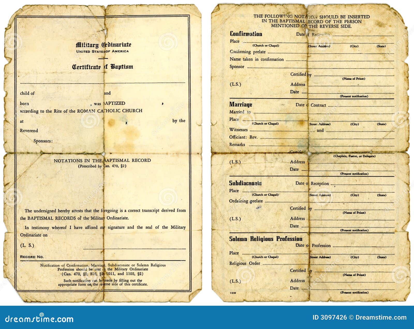Old Baptismal Certificate stock photo. Image of record - 3097426