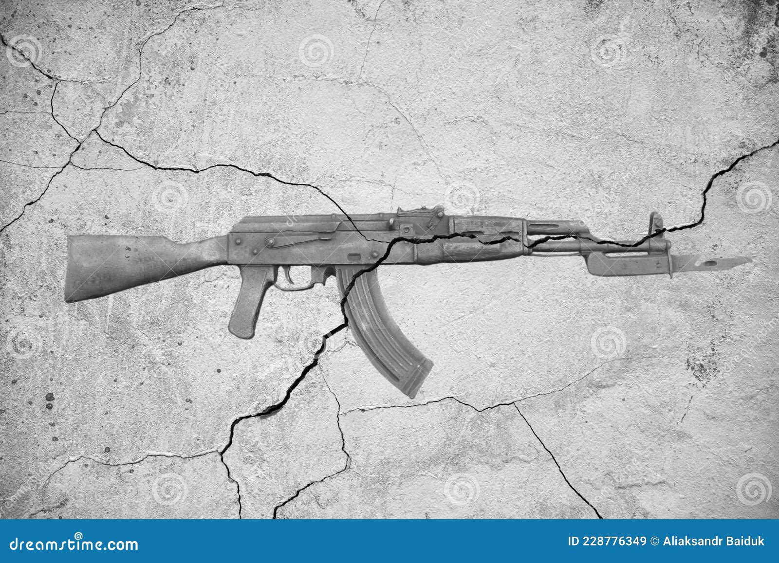 Old Barillef Kalashnikov Assault Rifle on a Cracked White Wall. Stock ...