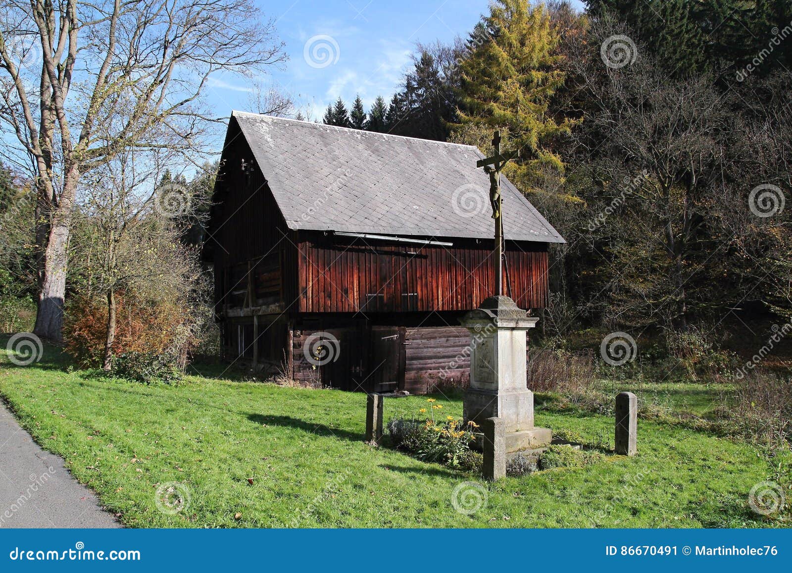 Old Barn and Cross in Bohemian Switzerland Stock Image - Image of tree ...