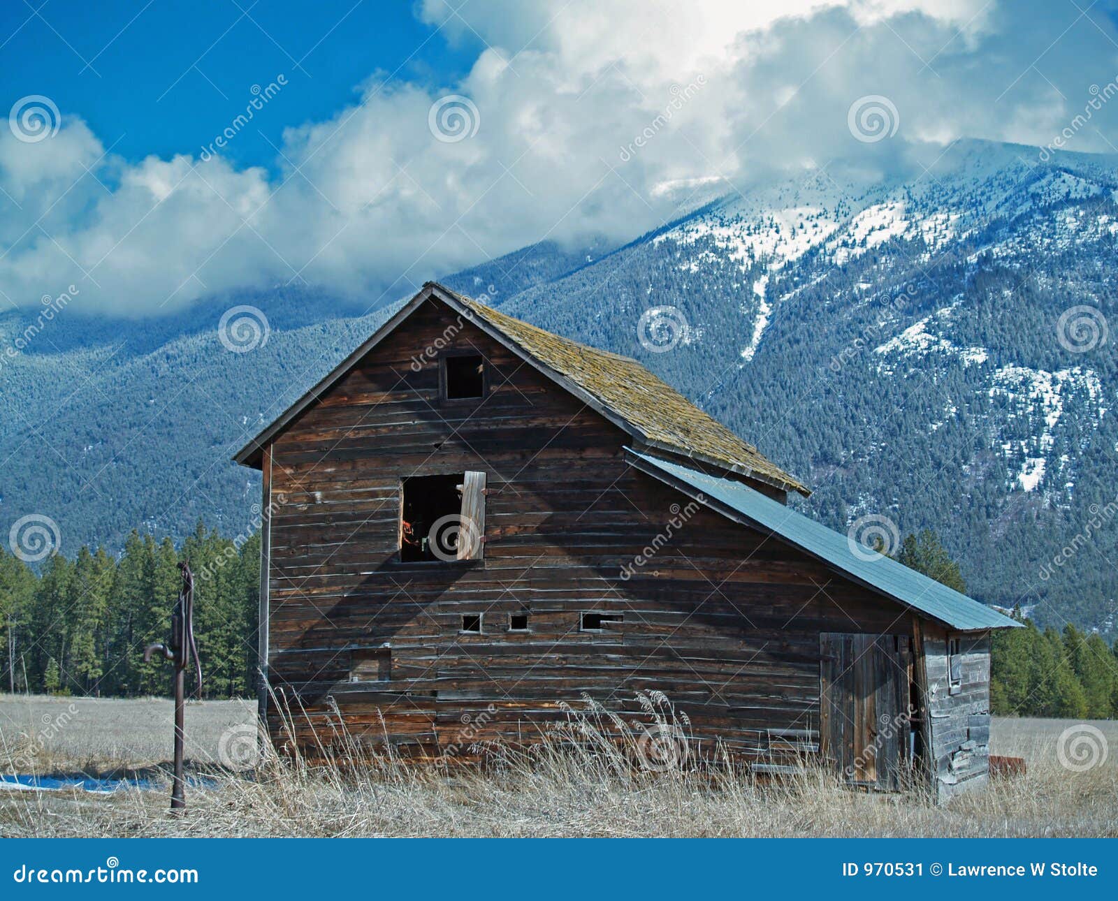 Old Barn, Hand Water Pump and Mountains Stock Image - Image of spring ...