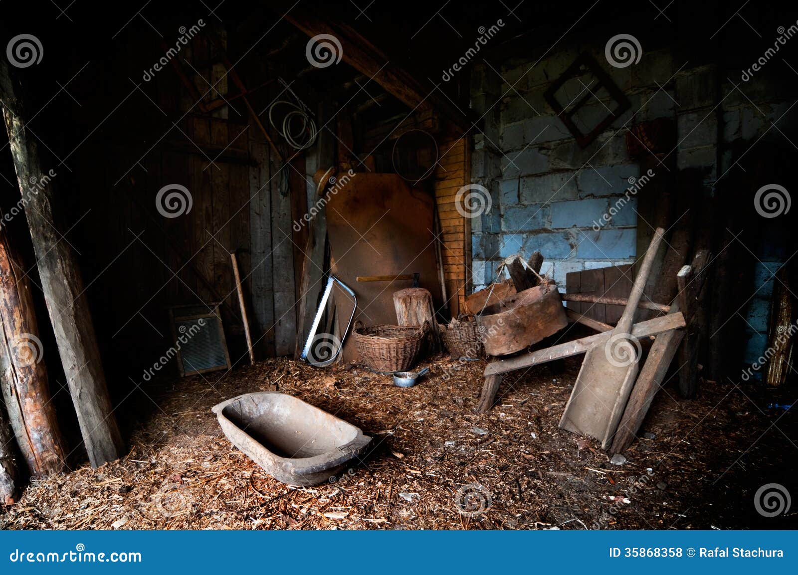 Old Barn stock photo. Image of basket, straw, room, tools - 35868358