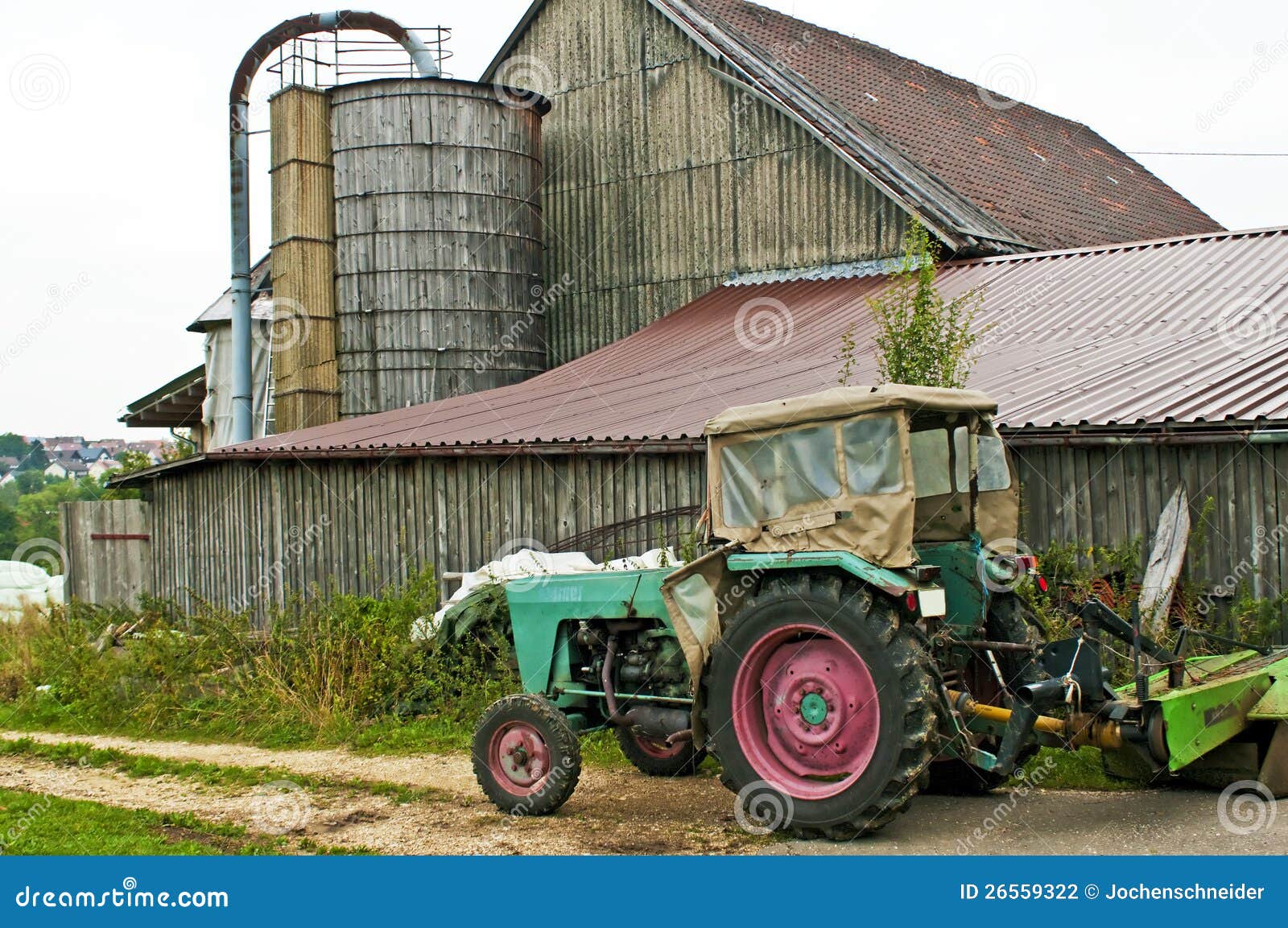 Old Barn with Silo and Tractor Stock Photo - Image of machine, rotten ...