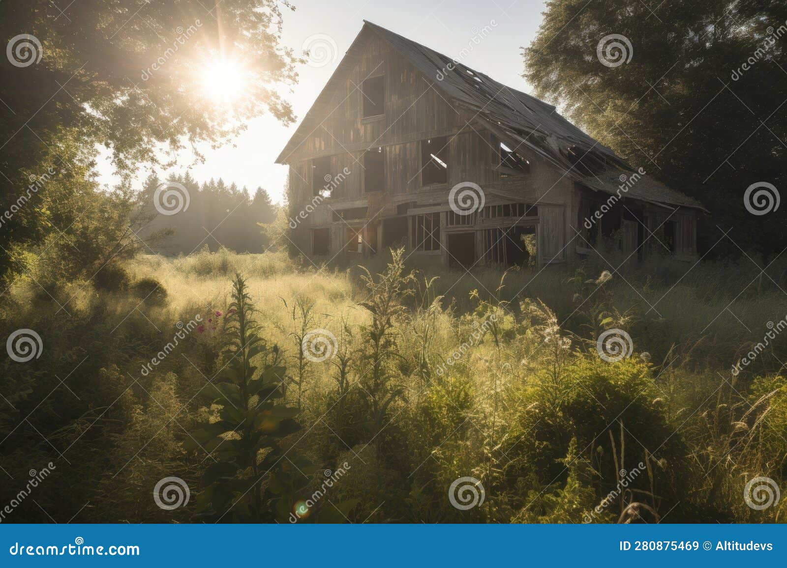 Old Barn, with Sun Streaming through Broken Windows, Surrounded by ...