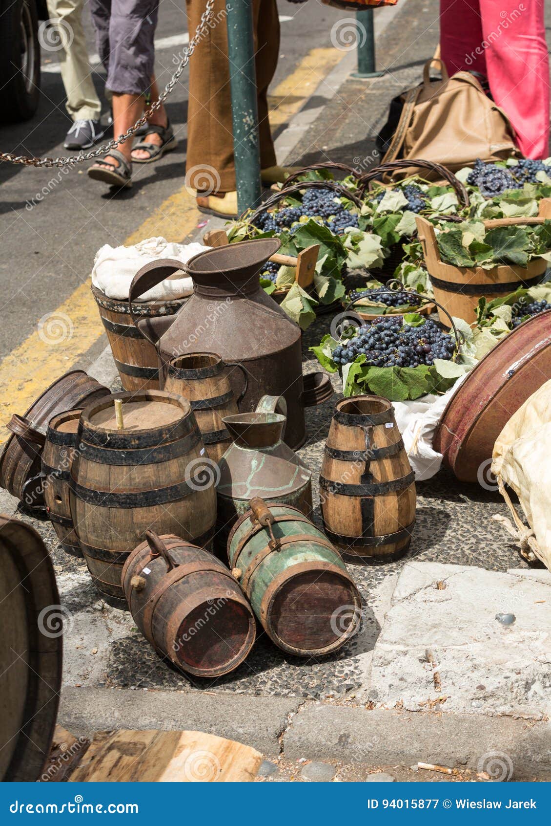 Old Barrels and Tools for Wine Production and Baskets with Grapes Stock ...