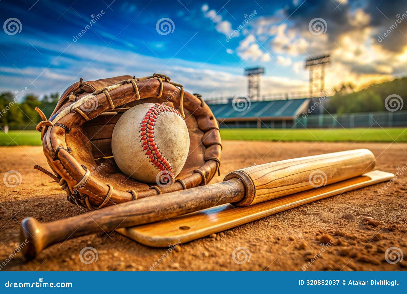 Old Baseball, Glove, and Bat on Field with Base and Outfield in ...