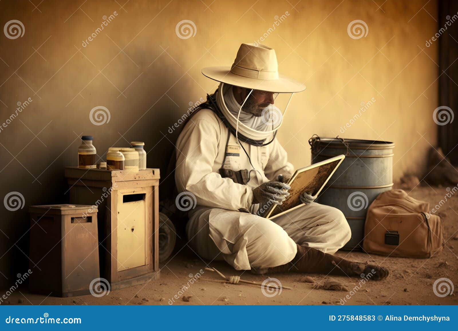 An Old Beekeeper Holds a Frame with Bees in His Hands, Generative AI 1 ...