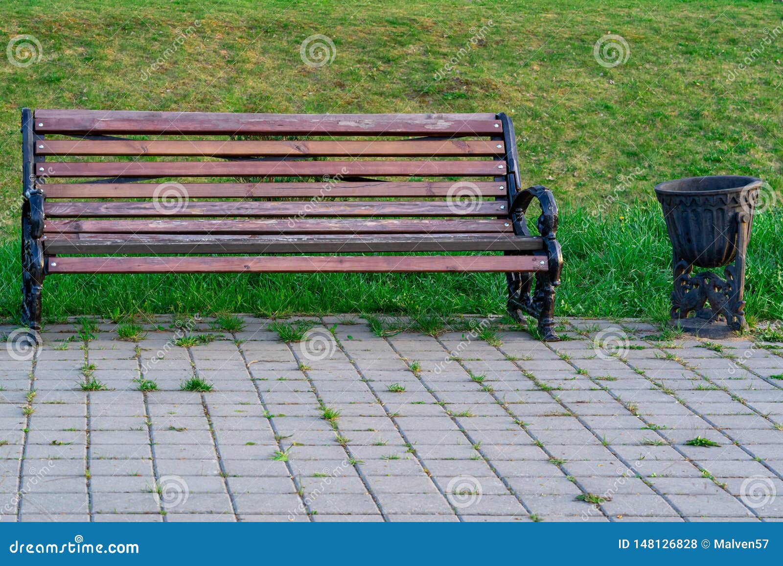 Old Bench and Garbage Can for Garbage Closeup in the Park Stock Photo ...