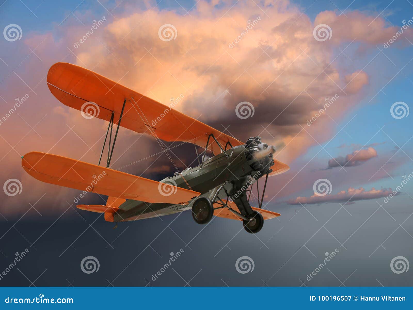Old biplane in flight stock image. Image of retro, sunset - 100196507