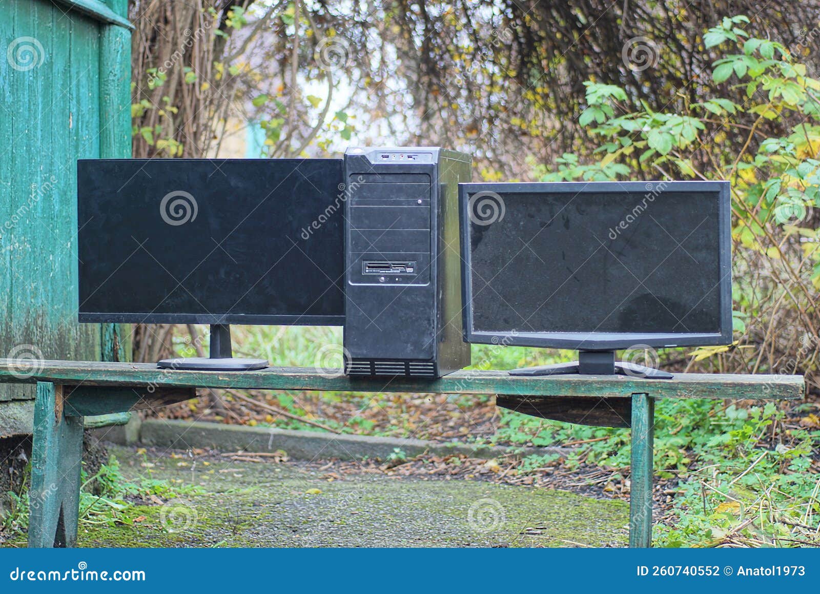 An Old Black Desktop Computer and a Two Large Dirty Monitors Stock ...