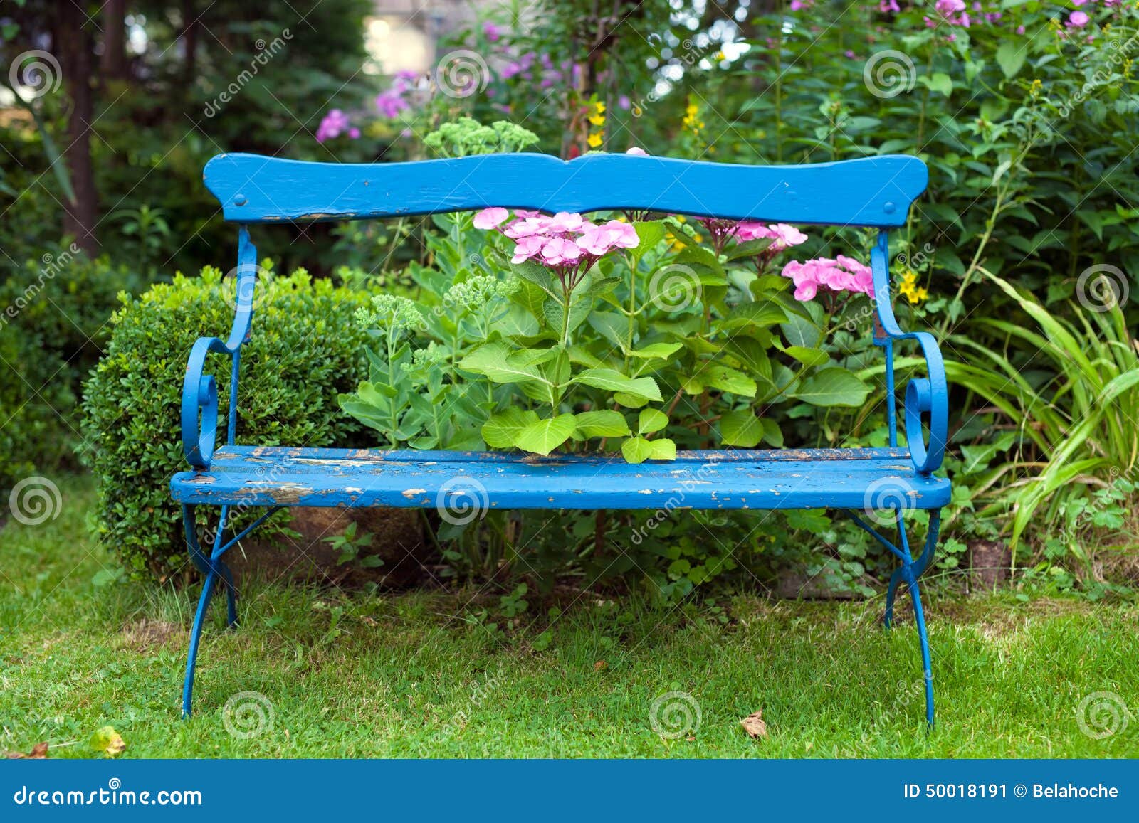 Old Blue Bench at the Garden Stock Image - Image of vegetation, wooden ...