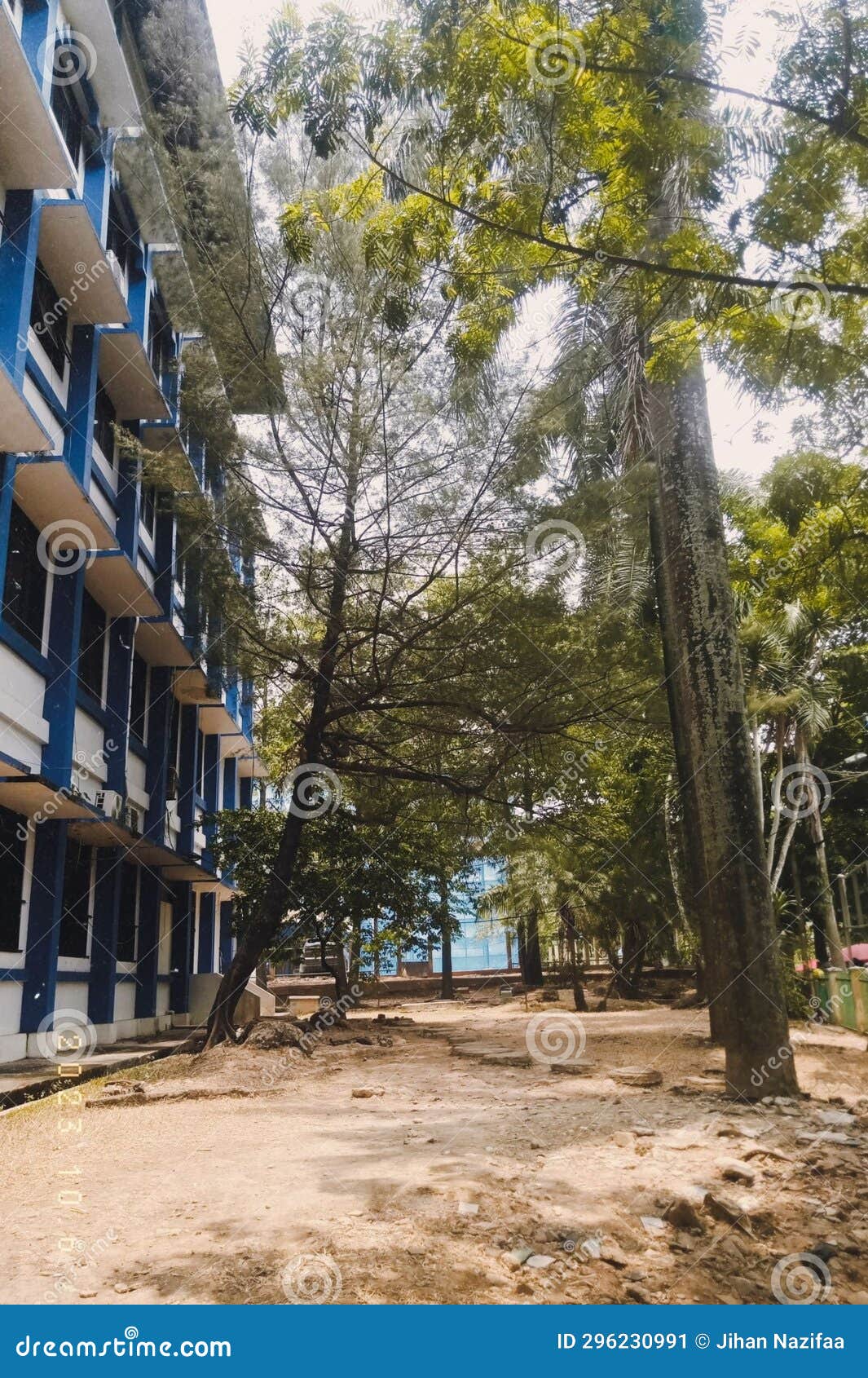 Old Blue Building on a Leafy Green Background Stock Image - Image of ...