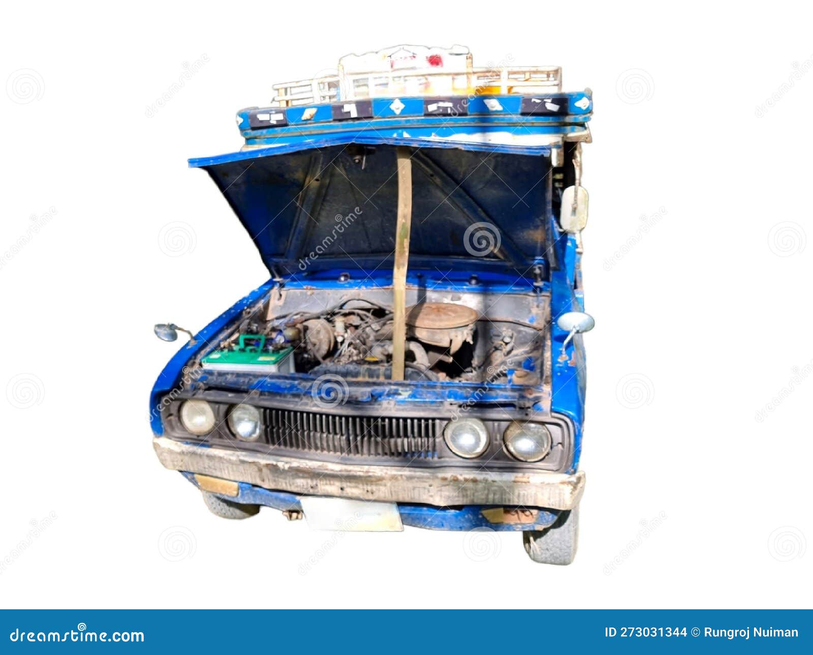 An Old Blue Car with the Bonnet Open. Damaged Car Stock Illustration ...