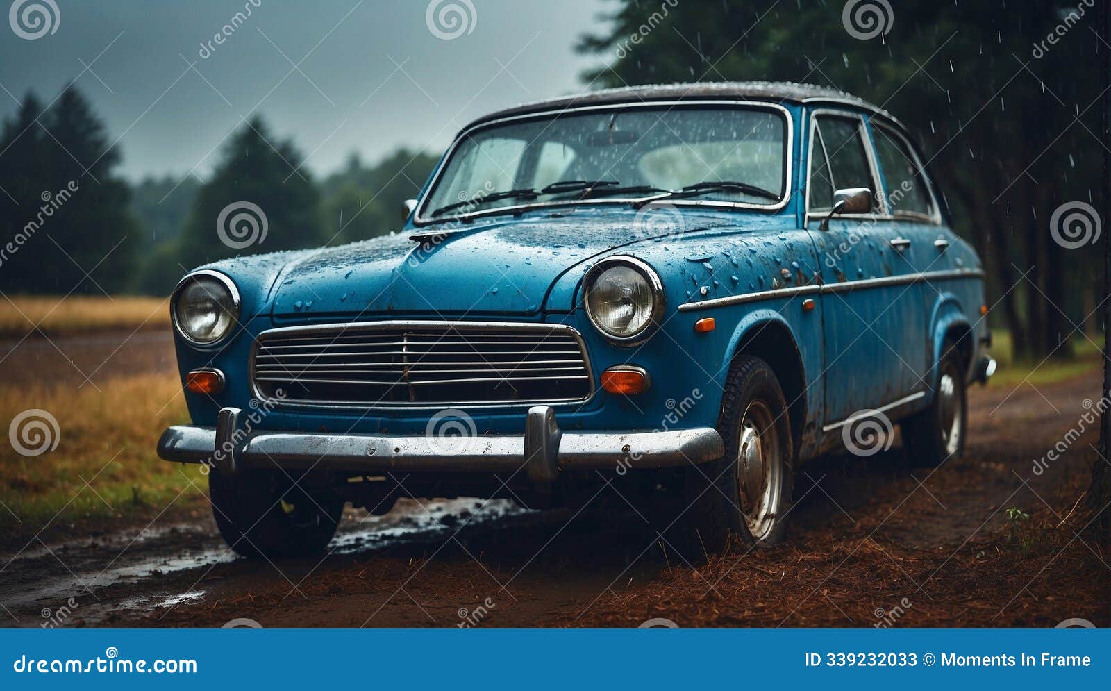 Old Blue Car on the Road in the Rain in the Forest Stock Illustration ...