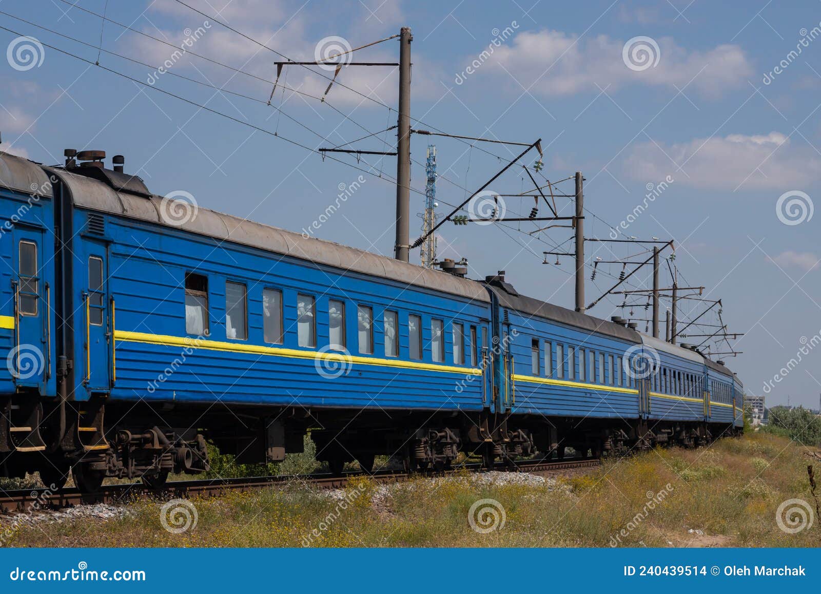Old Blue Passenger Train, Carriages on a Sunny Summer Day Stock Photo ...