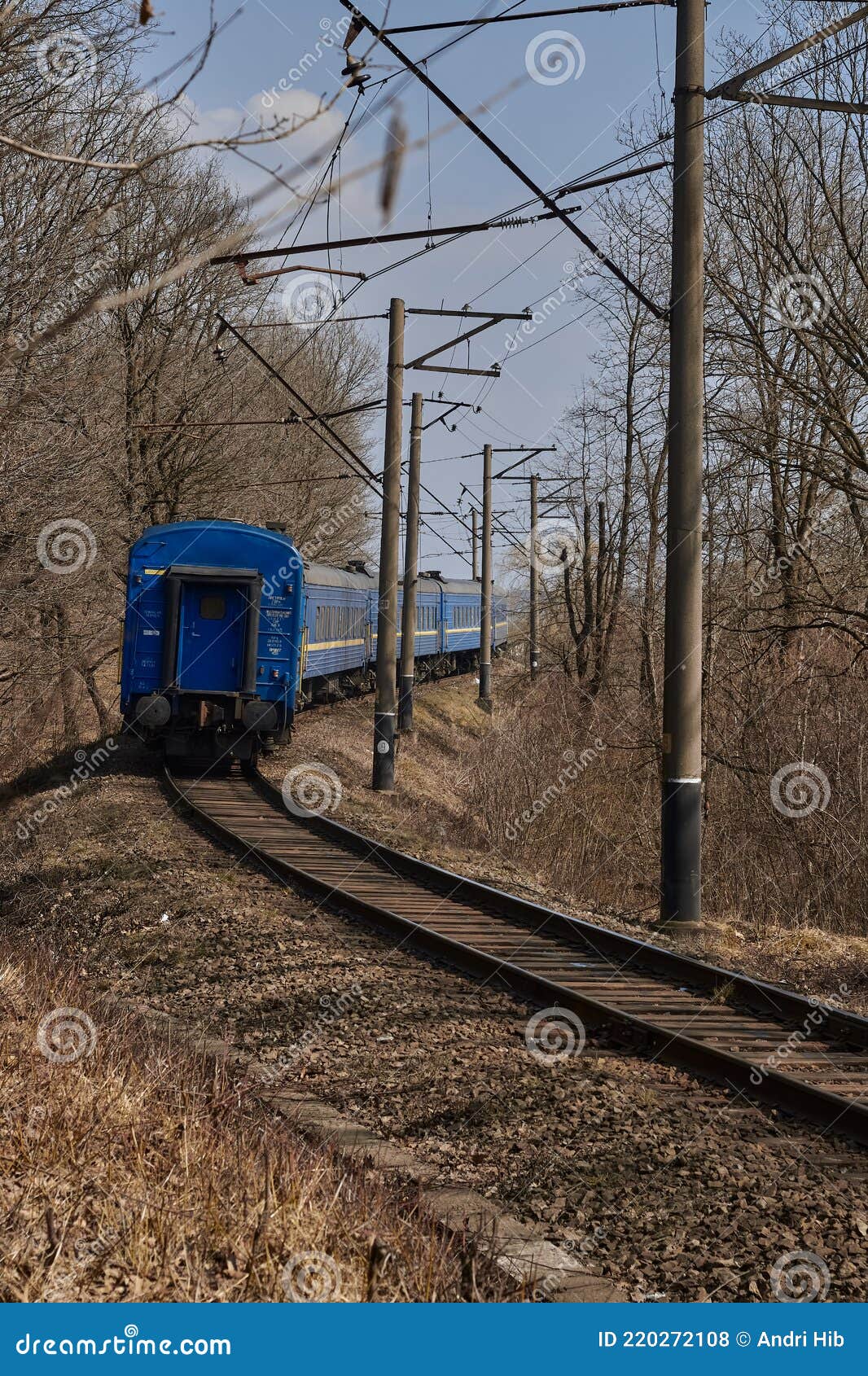 Old Blue Railway Train on the Track Rails. Stock Photo - Image of ...