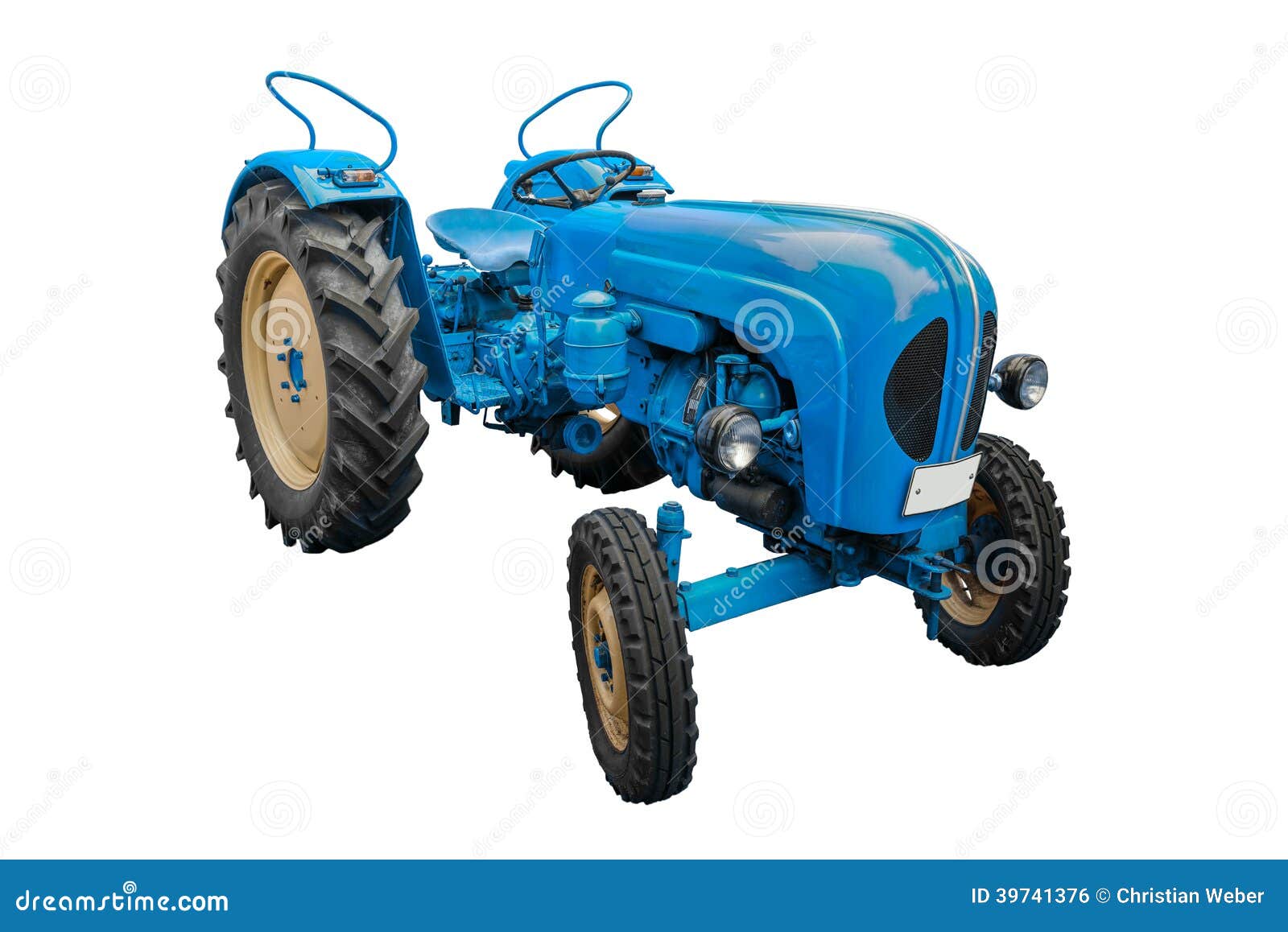 Blue Tractor With Straw Bale Under Porch And Farming Tools Trees Stock ...