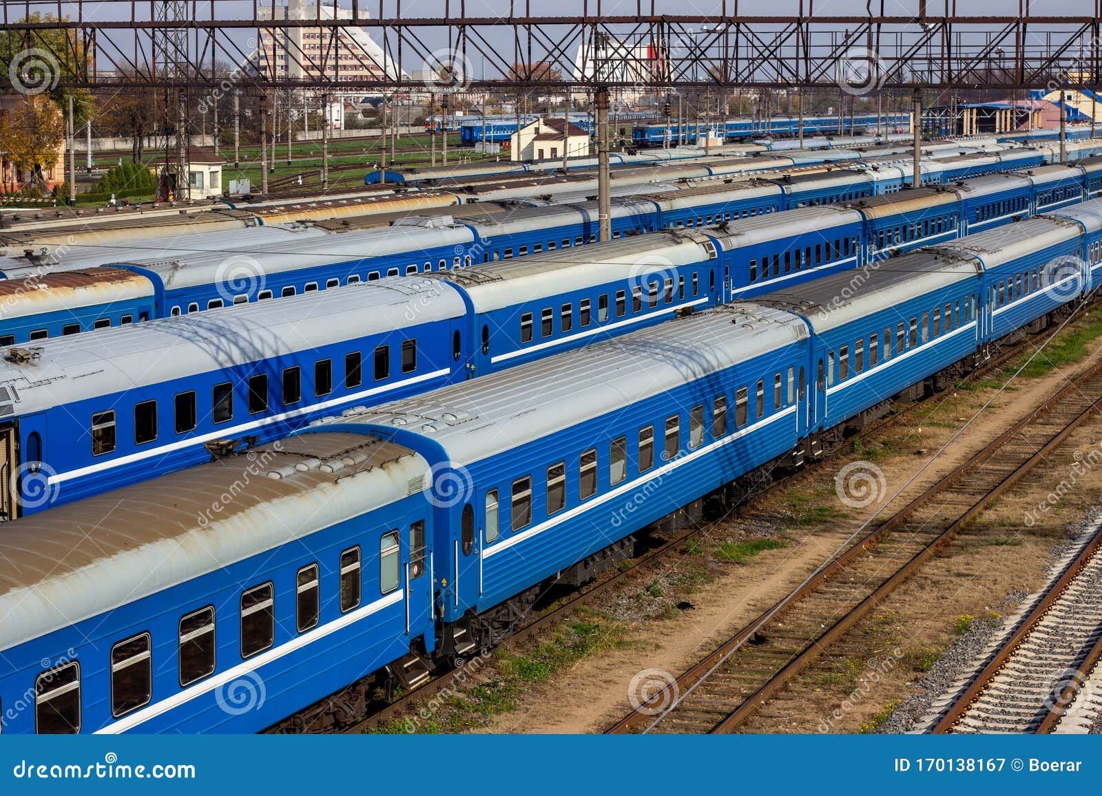 Old Blue Trains on Railway Station Platform. Stock Image - Image of ...