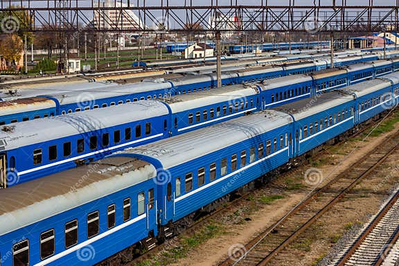 Old Blue Trains on Railway Station Platform. Stock Image - Image of ...
