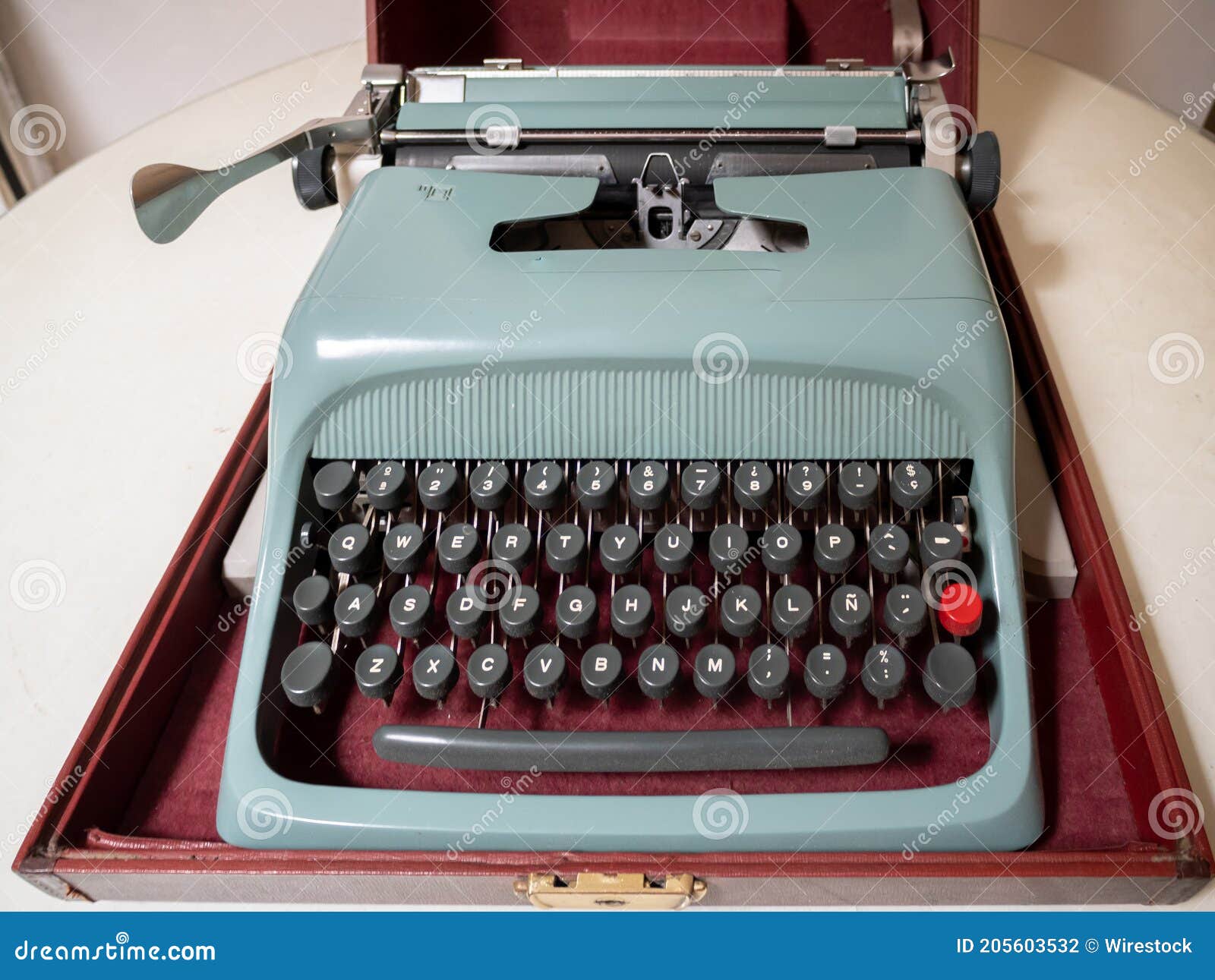 Old Blue Typing Machine in a Red Box Stock Photo - Image of write, term ...