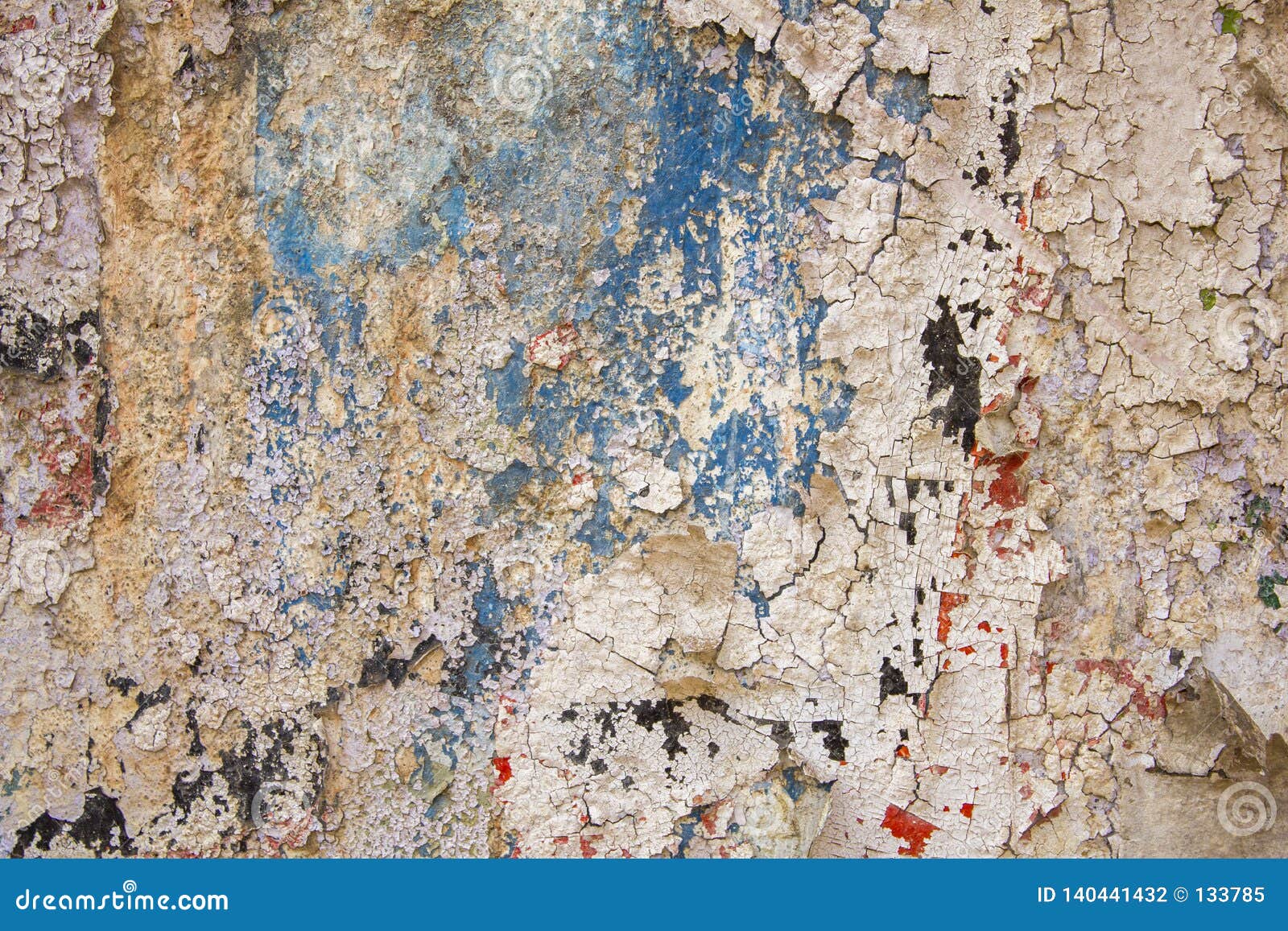 Old Blue Wall with Damage, Cracks and White Peeling Paint with Red and ...