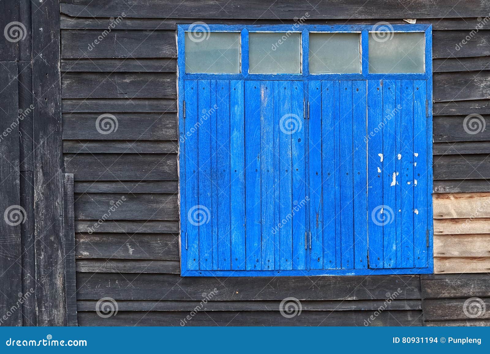 Old Blue Window on Weathered Wooden Wall Stock Photo - Image of retro ...