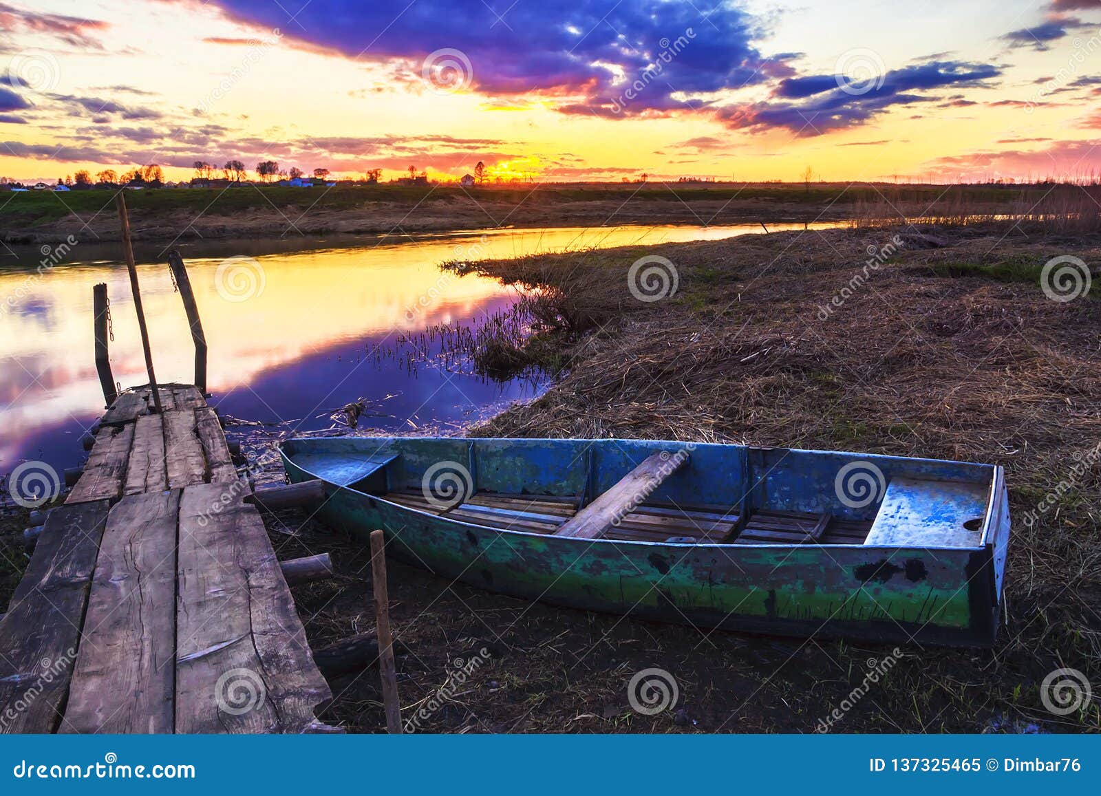 Old Boat on the River Bank. Landscape with Beautiful Sunset Stock Image ...