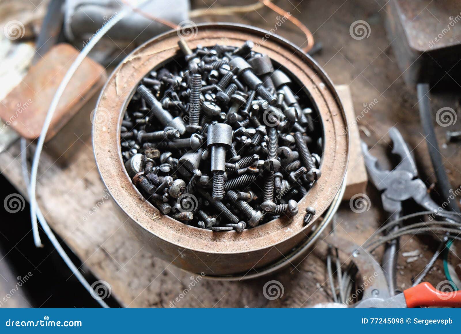 Old Bolts and Screws in a Bucket Stock Photo - Image of engineering ...