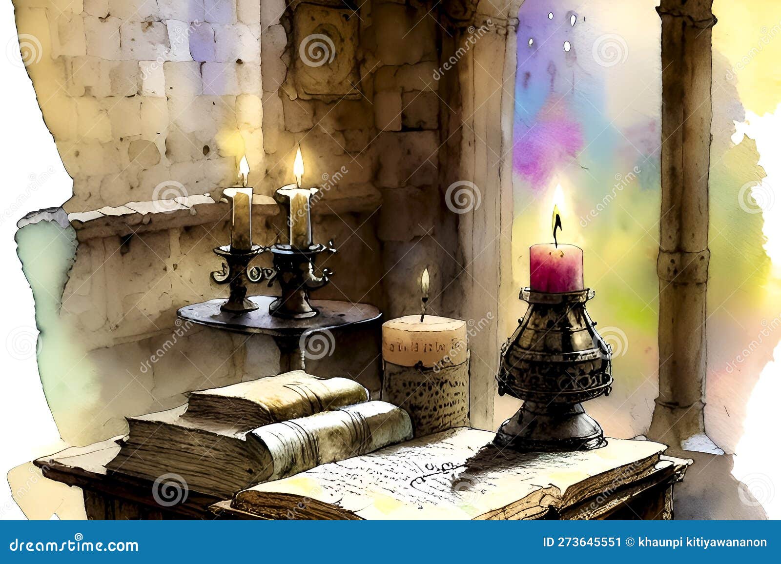 Old book with candles stock illustration. Illustration of carving ...