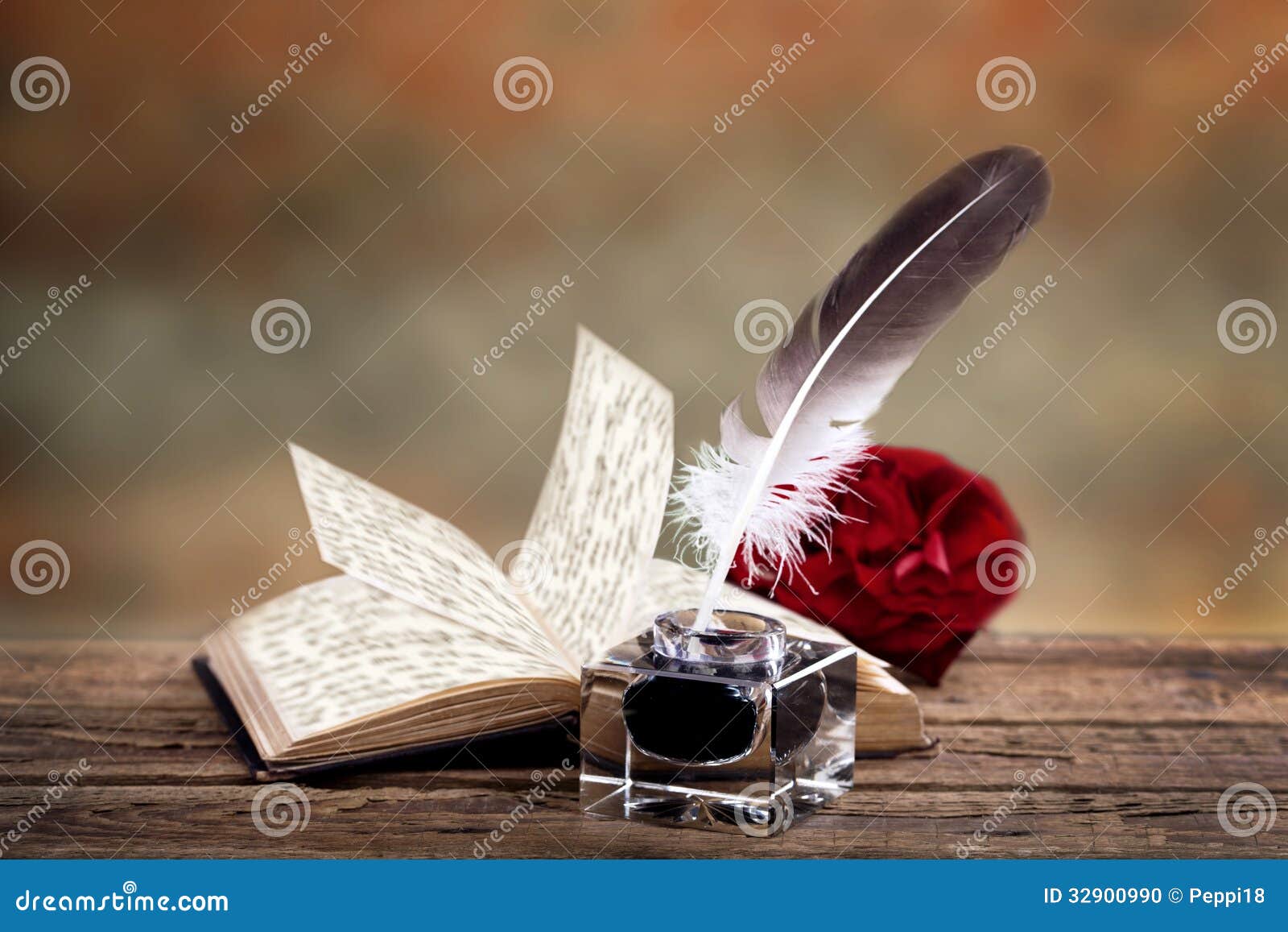 Quill Ink Pen And Inkwell Antique Book Magnifying Glass