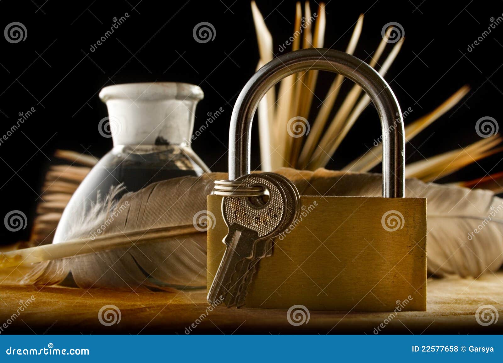 Old book and keylock stock photo. Image of cover, feather - 22577658