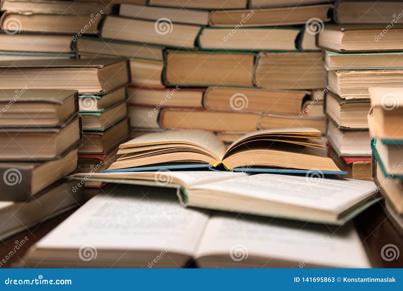 Old Book in Library with Open Textbook, Stack Piles of Literature Text ...