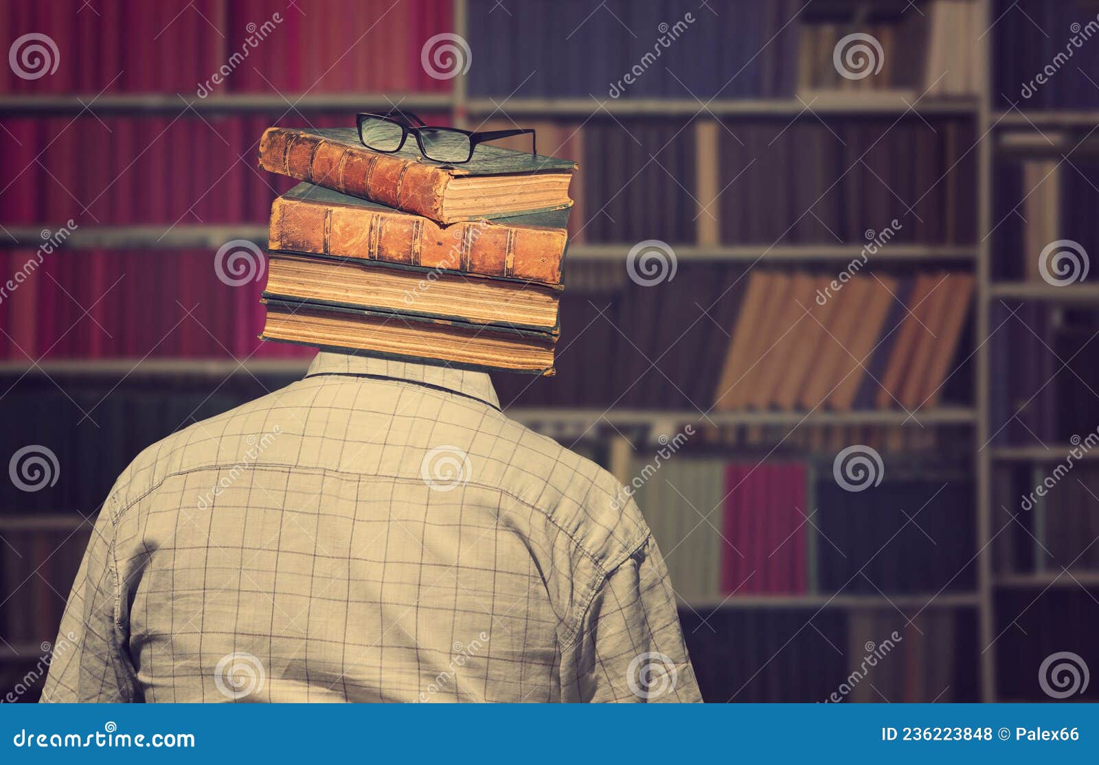 Old Book Stack and Glasses instead the Head of Man Standing Opposite ...