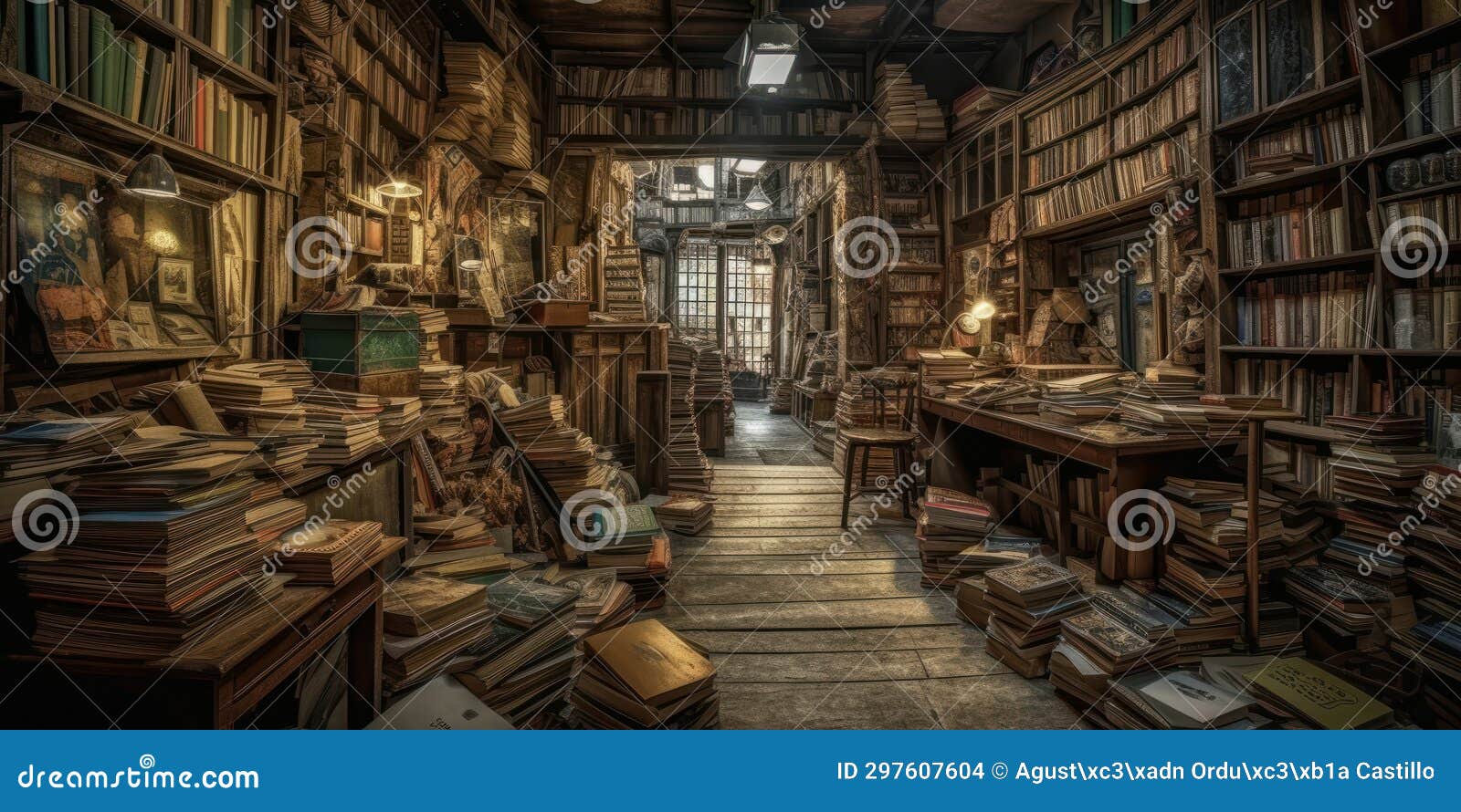 Old Book Store. Library with Mountains of Books. Stock Photo - Image of ...