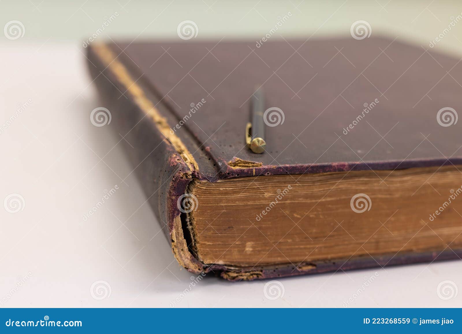 An Old Book with Worm Damage and a Pen Stock Image - Image of white ...