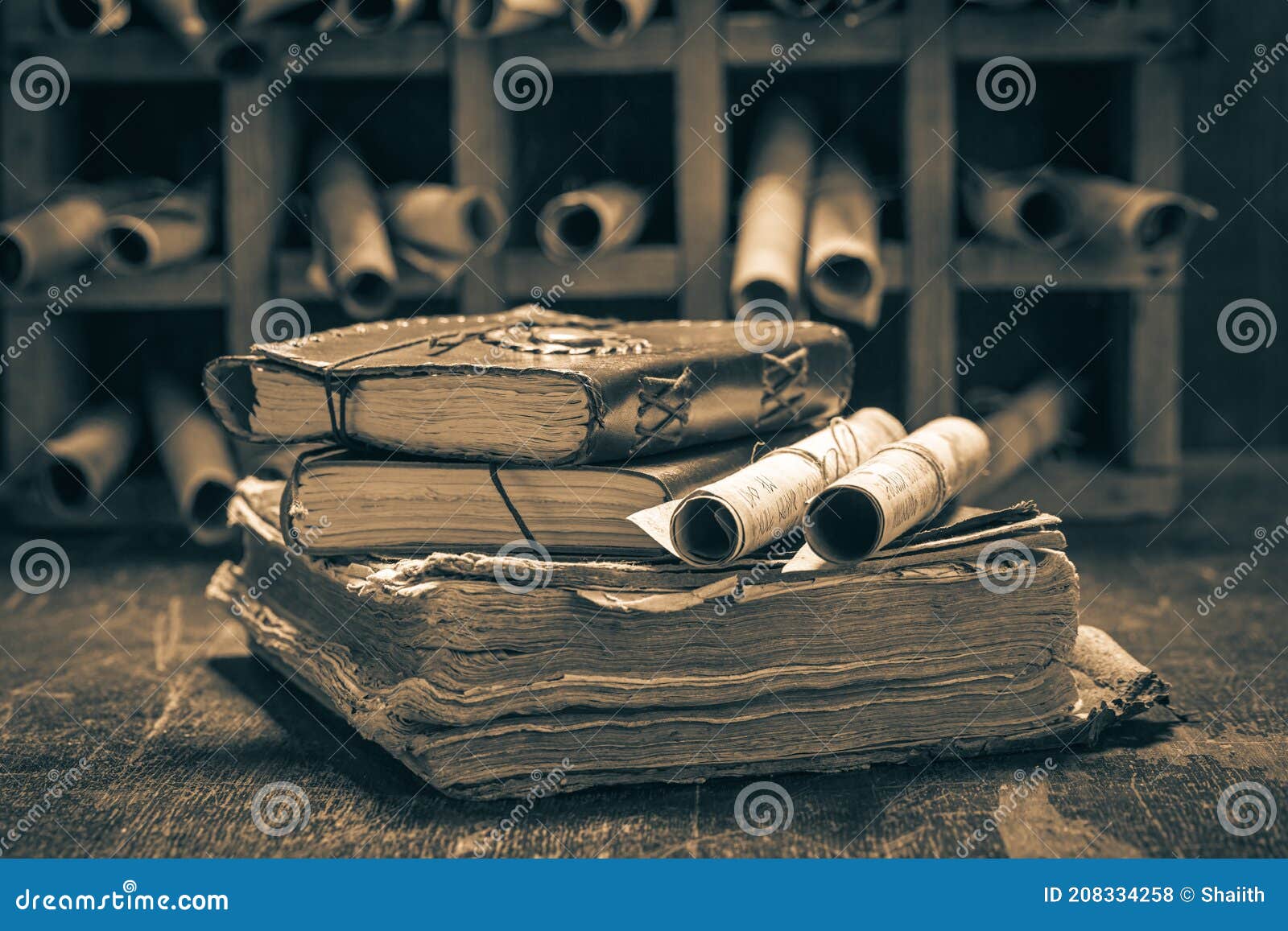 Old Books and Antique Scrolls in Library Stock Photo - Image of ...