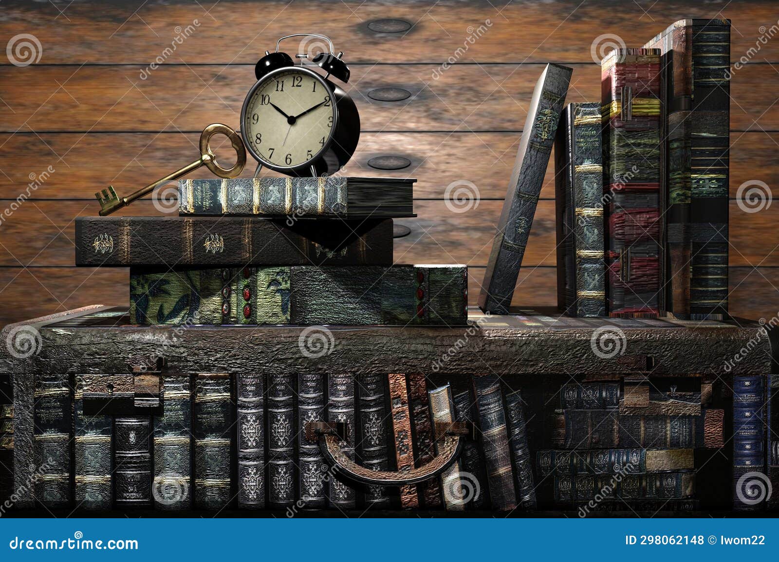 Stack of Old Books with Alarm Clock on Vintage Wooden Wall Background ...