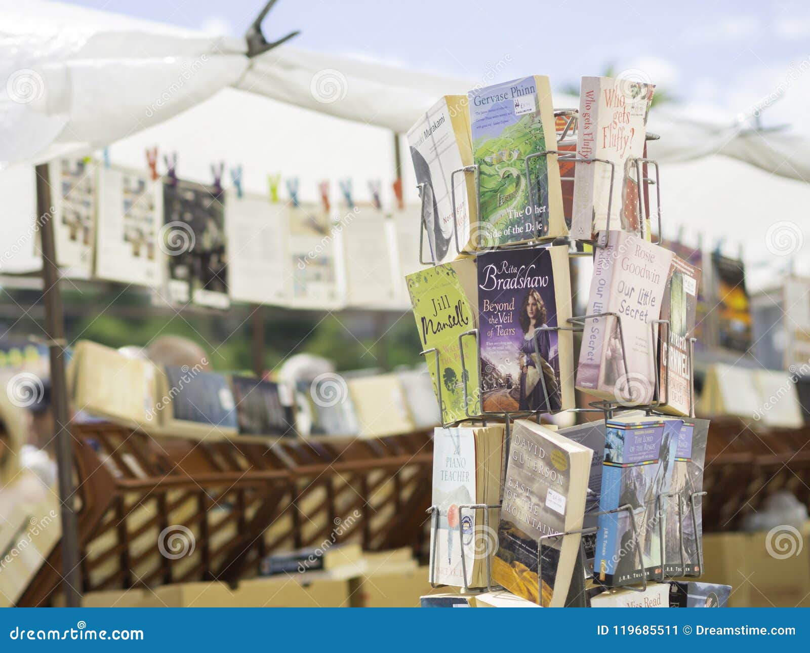 Old books on market stall editorial photo. Image of back - 119685511